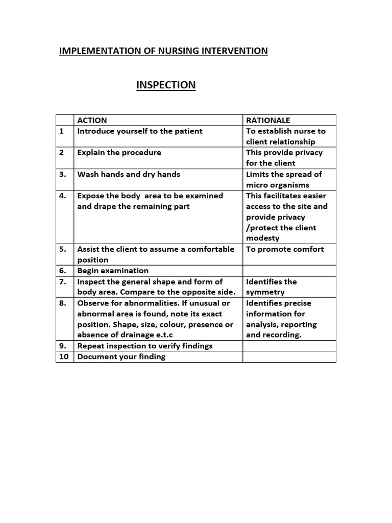 Implementation of Nursing Intervention | PDF | Physical Examination | Hand