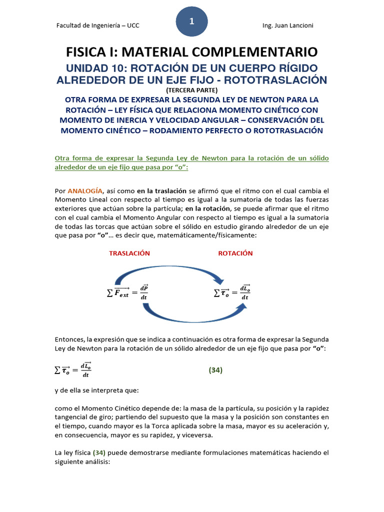 FÍSICA I Rotación de Un Cuerpo Rígido Alrededor de Un Eje Fijo - Rototraslación - Tercera Parte ...