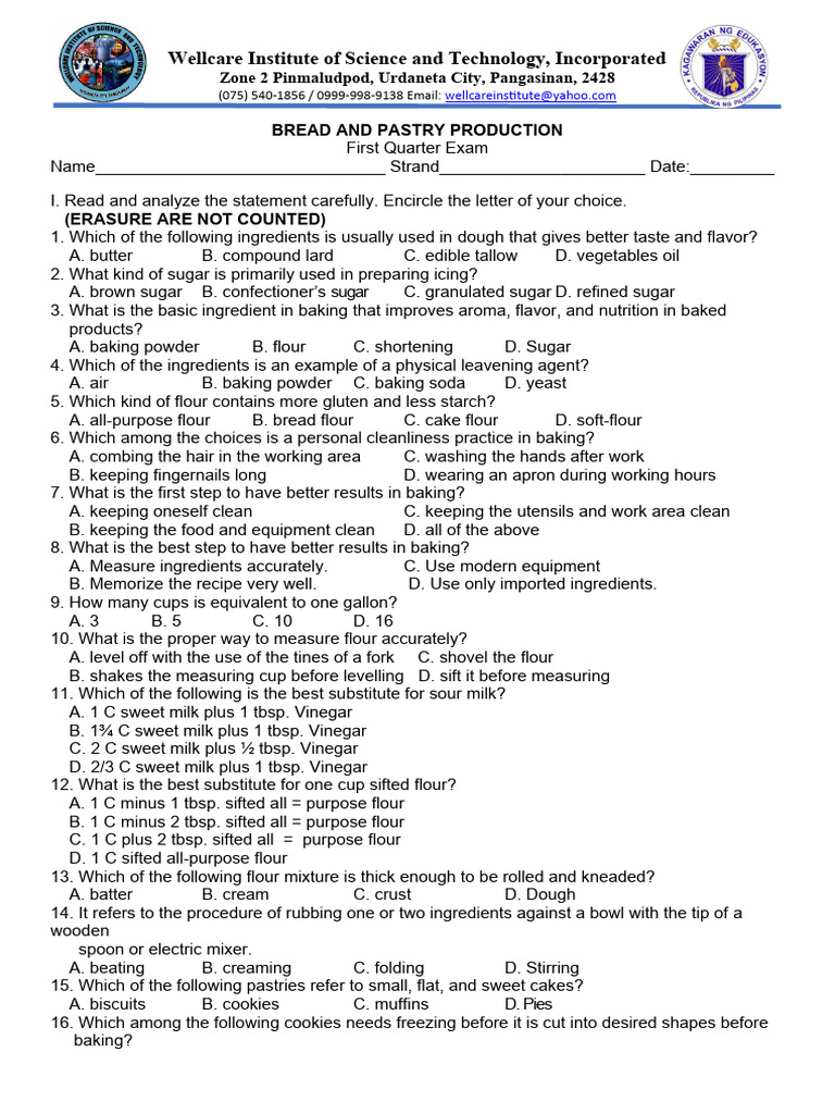 First Quarter Exam BPP NC II | PDF | Flour | Breads
