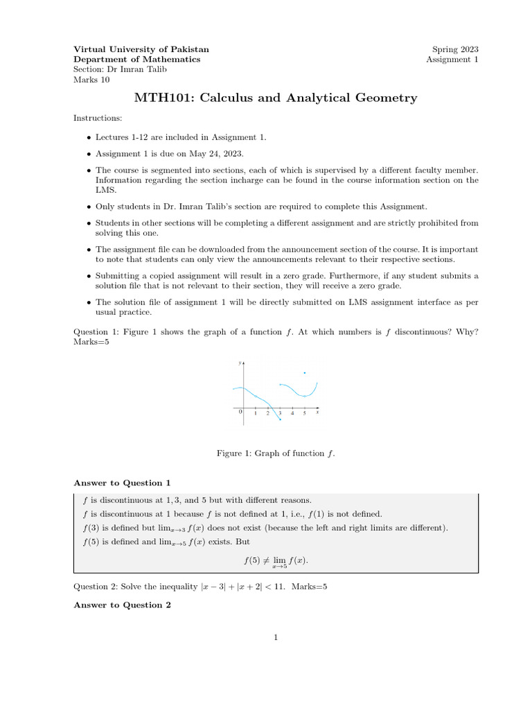 Calculus Assignment for MTH101 | PDF | Mathematical Relations ...