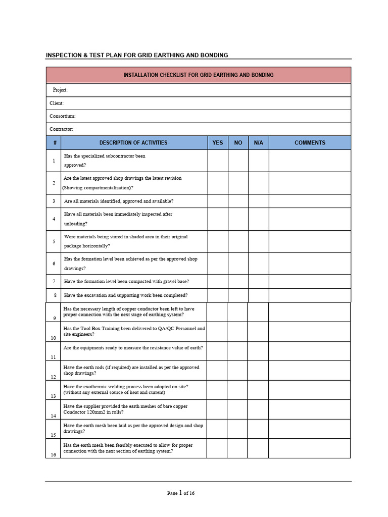 Earthing Inspection Check List | Download Free PDF | Welding | Construction