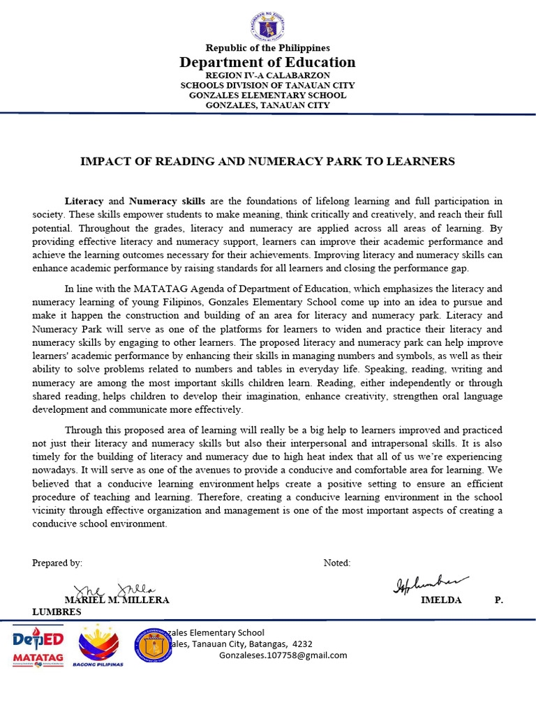 Impact of Reading and Numeracy Park To Learners | PDF | Literacy | Learning