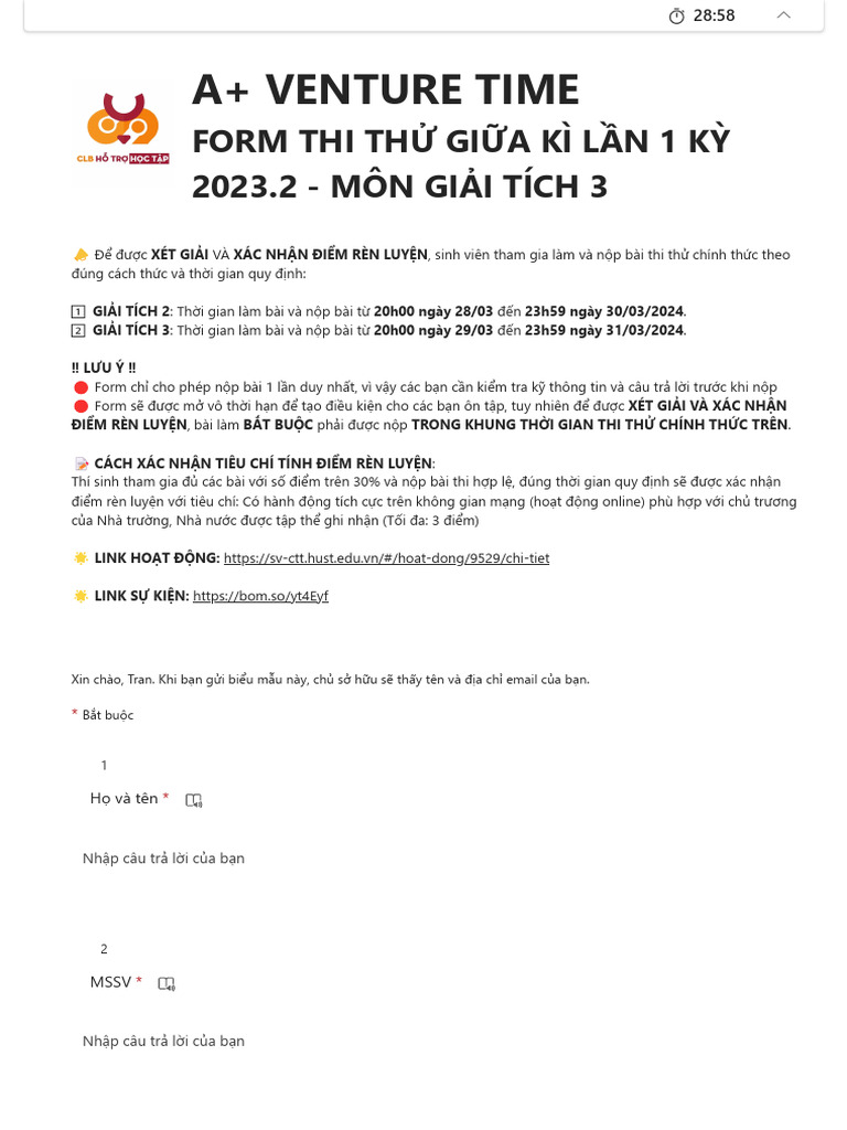 A+ VENTURE TIME FORM THI THỬ GIỮA KÌ LẦN 1 KỲ 2023.2 - MÔN GIẢI TÍCH 3 | PDF