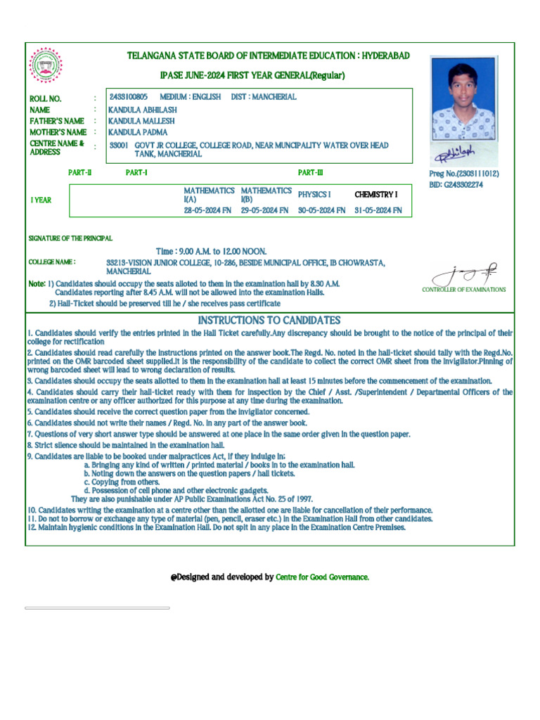 First Year Hall Ticket Instructions 2024 | PDF