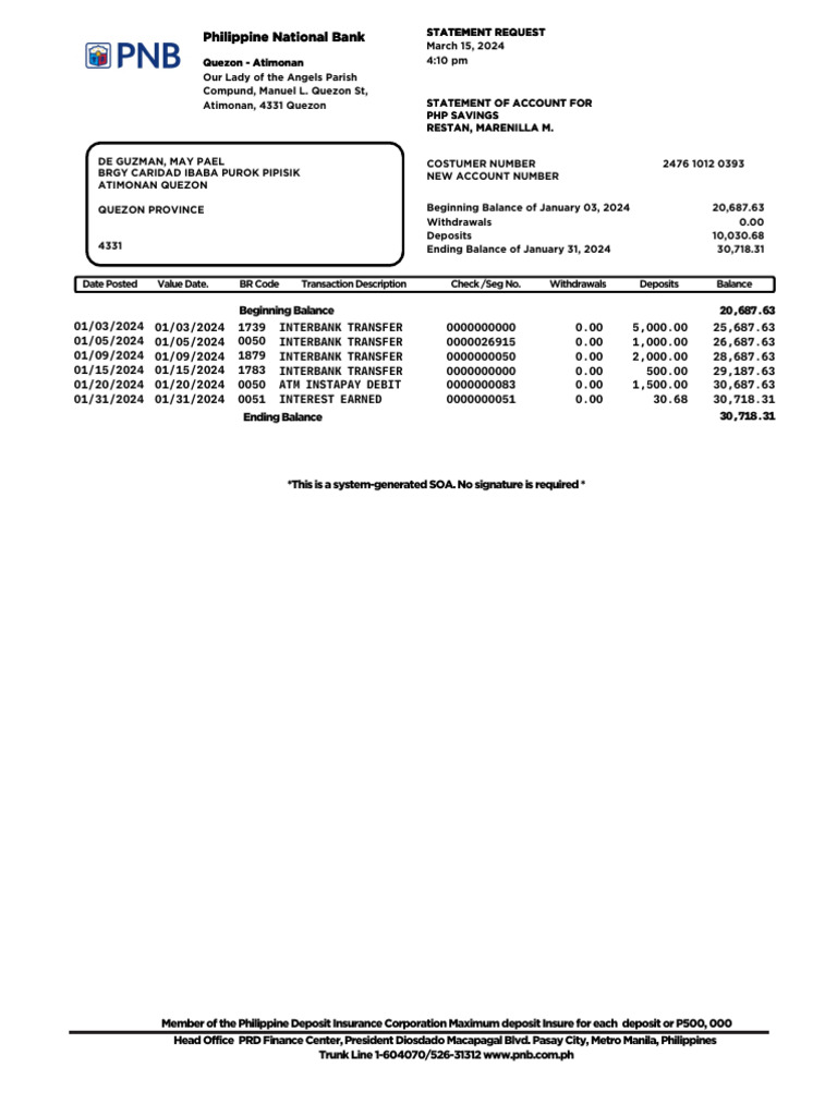 PNB Atimonan Account Statement | PDF | Deposit Account | Savings Account