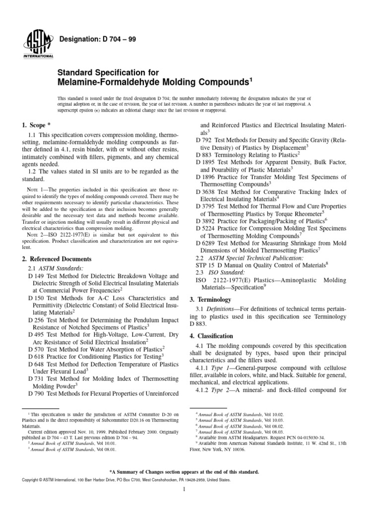Melamine-Formaldehyde Molding Compounds: Standard Specification For ...