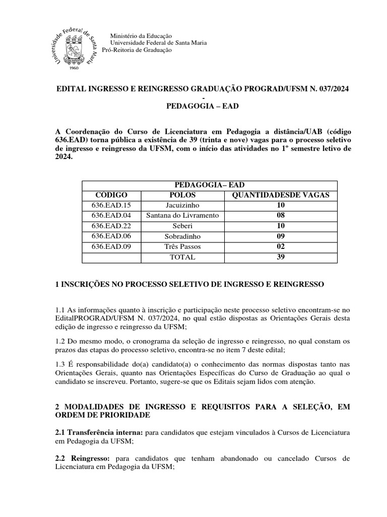 Edital 037 2024 Prograd UFSM Edital Especifico PEDAGOGIA Ingresso e Reingresso EaD 2024-1 | PDF ...