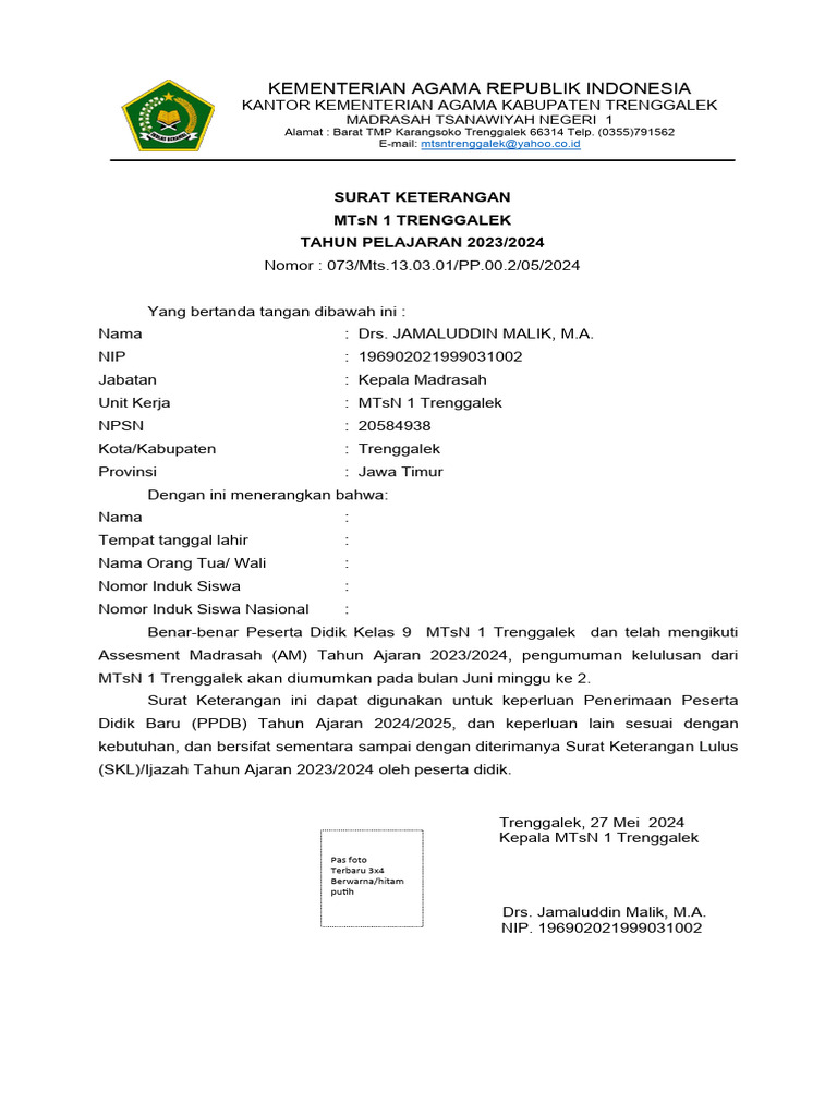 Surat Keterangan MTSN 1 Trenggalek | PDF