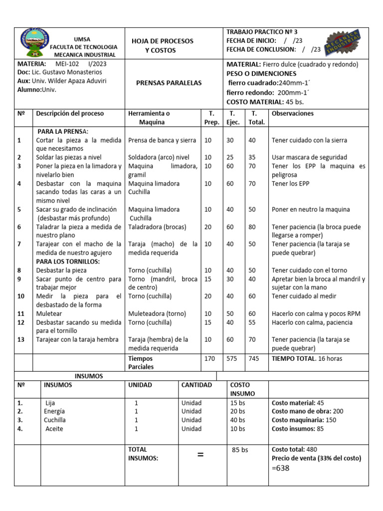 Hoja De Procesos 3 Prensas Paralelas Pdf Perforar Procesos 3730