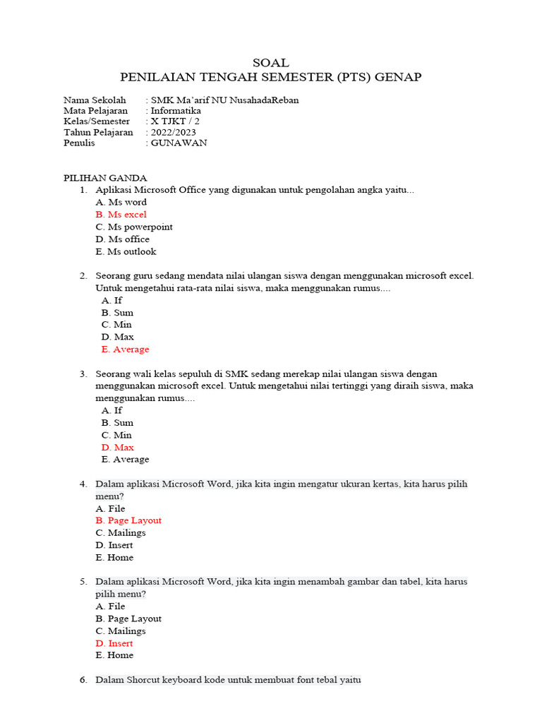 Soal PTS Informatika Kelas X SMK | PDF
