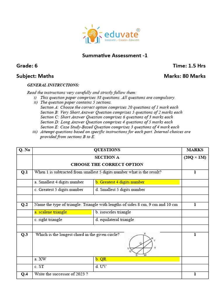 Grade 6 Maths Summative Assessment 1 | PDF | Triangle | Rectangle