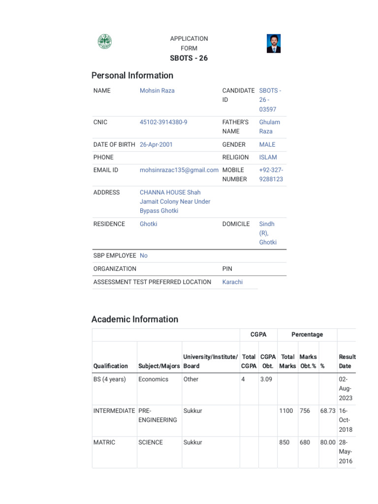 SBOTS 28 Application Form Details | PDF | Pakistan