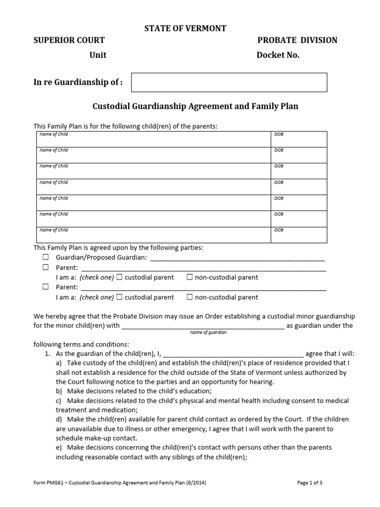 Vermont Superior Court Custodial Guardianship Agreement and Family Plan ...