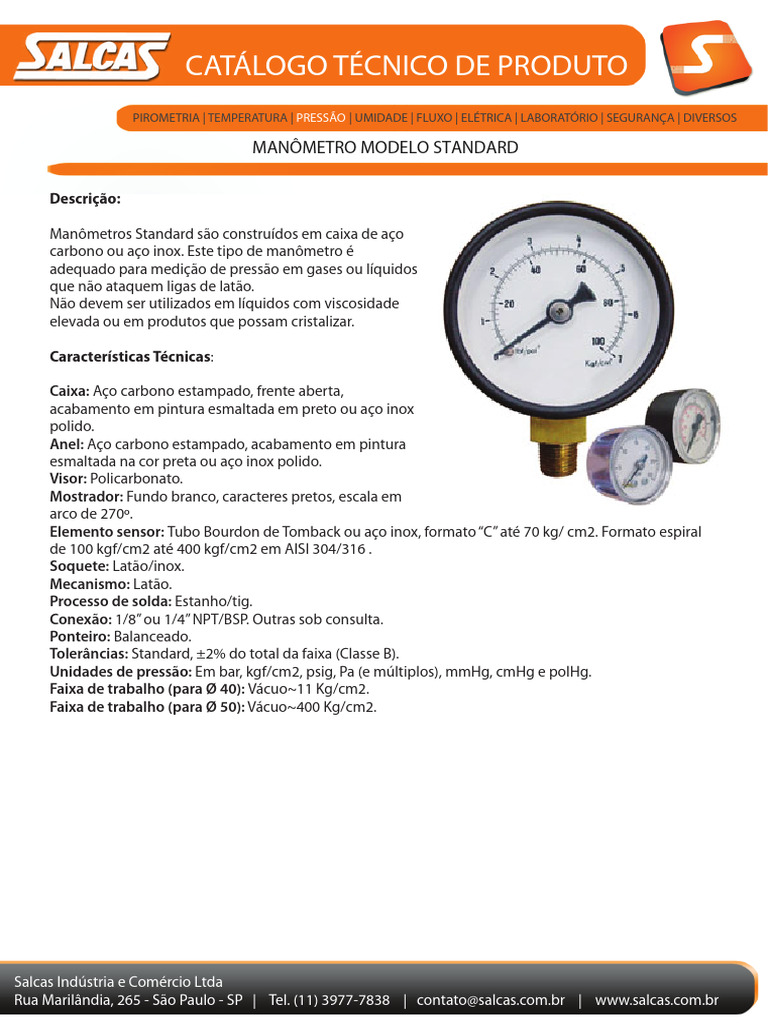 Manômetro Standard: Medição de Pressão Precisa | PDF