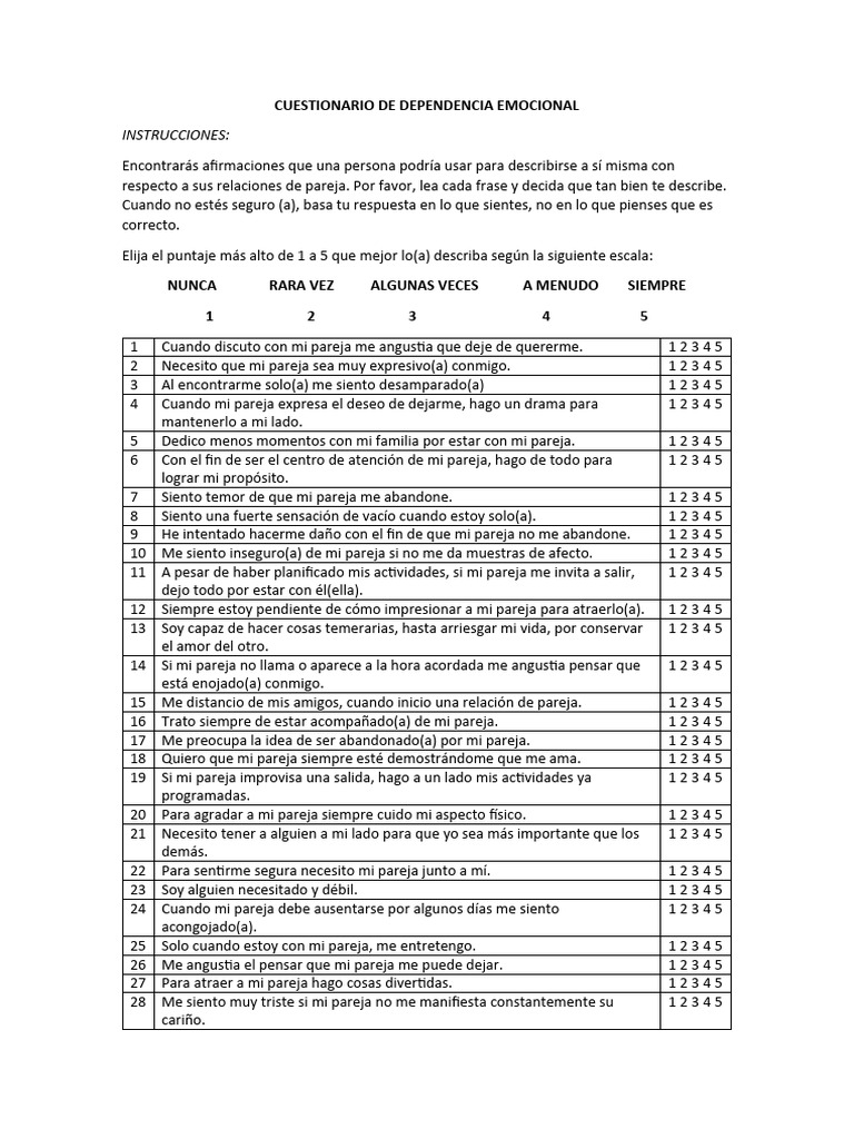 CUESTIONARIO DEPENDENCIA EMOCIONAL | PDF