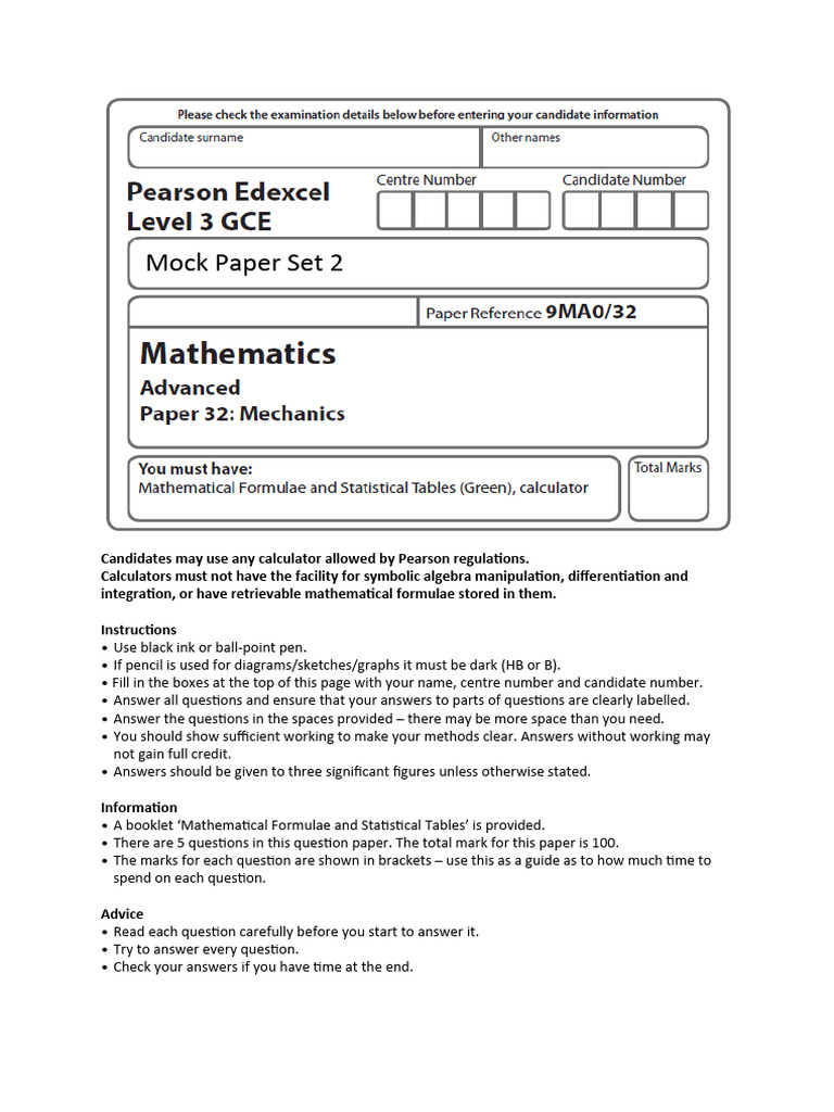 0s2 9MA0-32 Mechanics - Mock Set 2 Word | PDF | Force | Acceleration