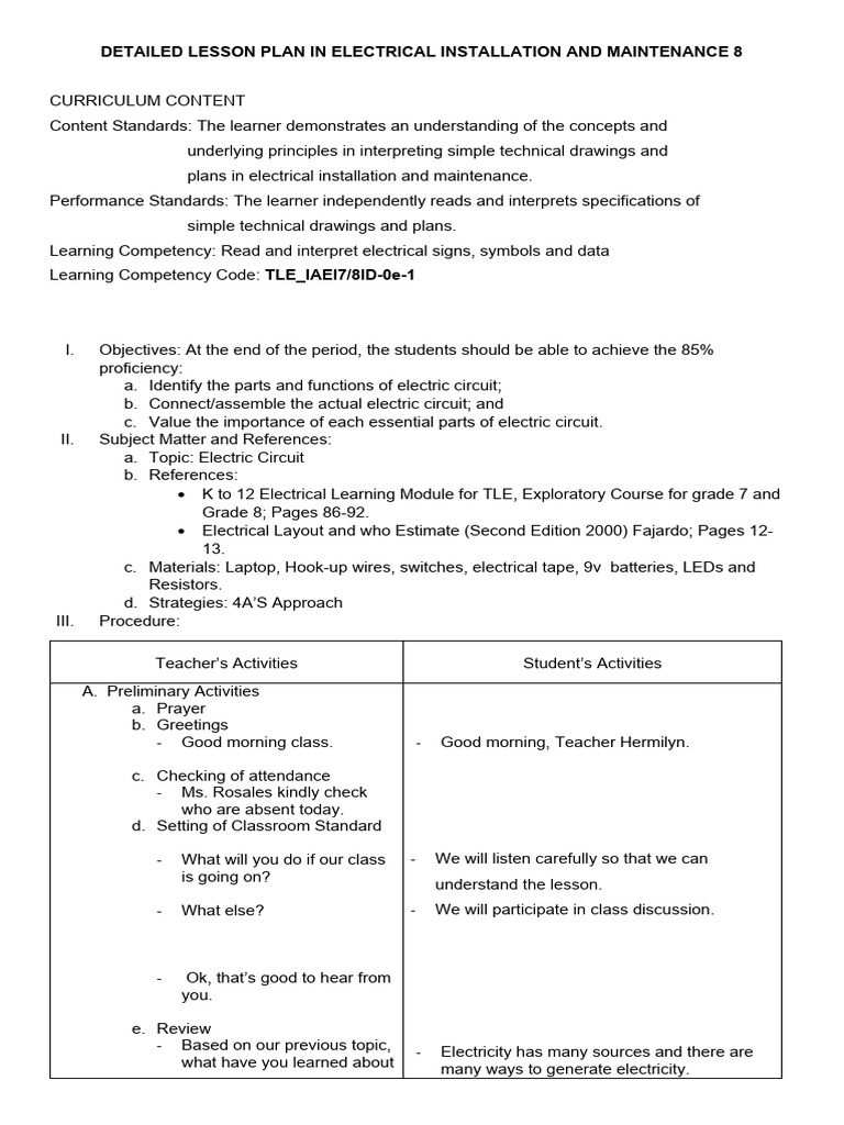 Lesson Plan in Grade 8 Tle Electricity | PDF | Direct Current | Electricity