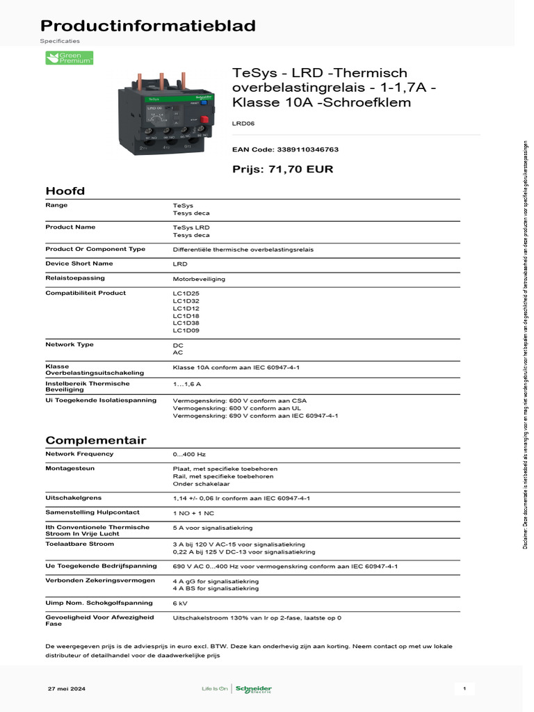 Schneider Electric - TeSys-Deca-overload-relays - LRD06 | PDF
