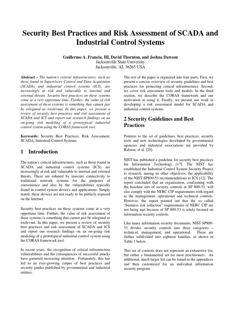 Francia Et Al - Security Best Practices and Risk Assessment of SCADA and ICS | PDF | Computer ...