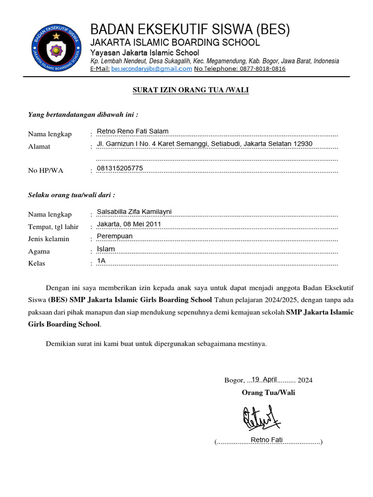 Surat Izin Orang Tua Keanggotaan BES | PDF