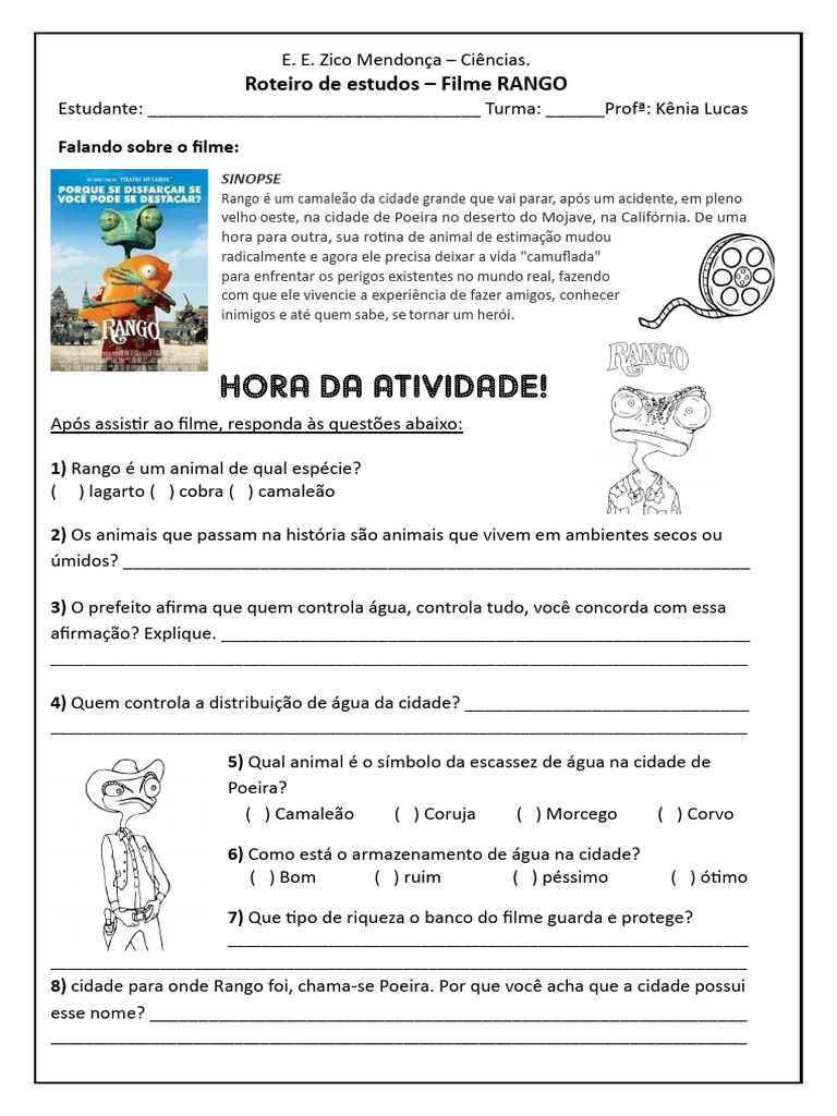Roteiro de Estudos - Filme RANGO | PDF