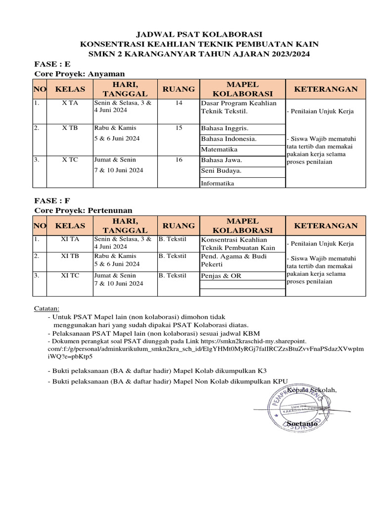 Jadwal Kolab TPK Psat 2023 2024 | PDF