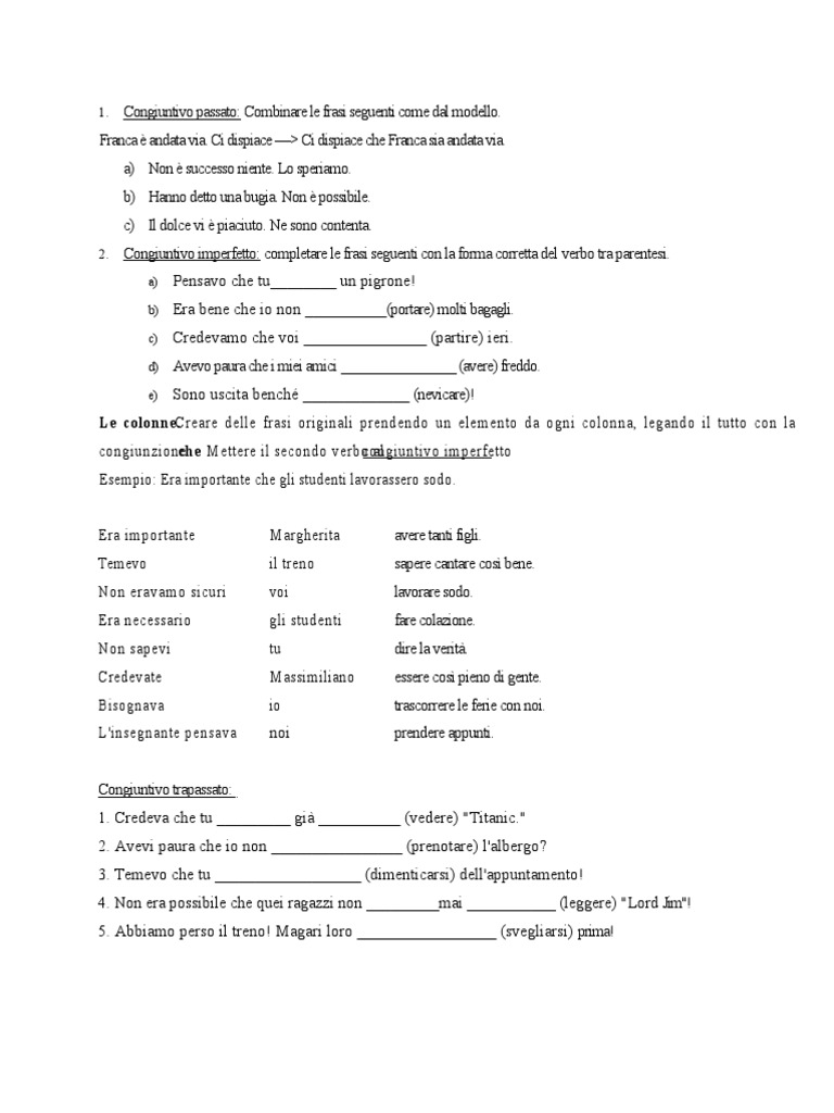 Esercizi Congiuntivo Imperfetto e Infinito | PDF