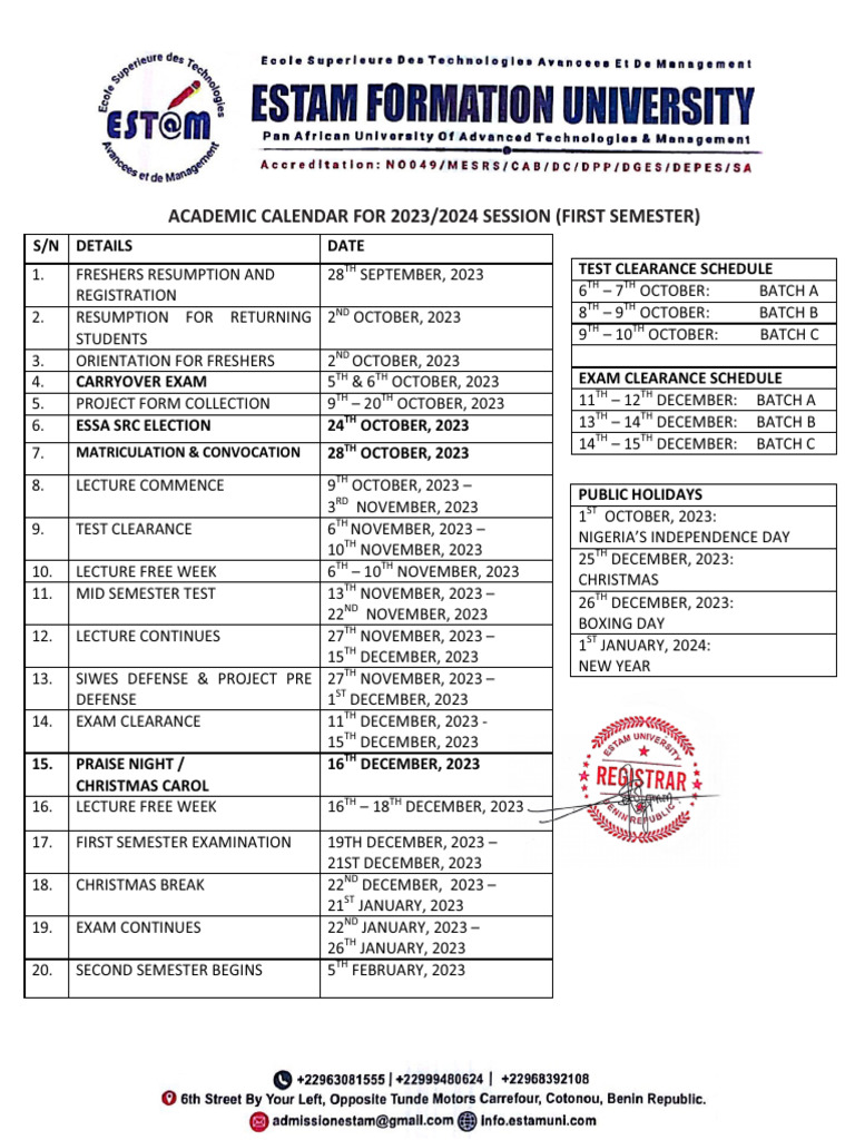 Academic Calendar For 2023 2024 Session (First Semester) | PDF ... Academic Calendar For 2023 2024 Session (First Semester) | PDF ...