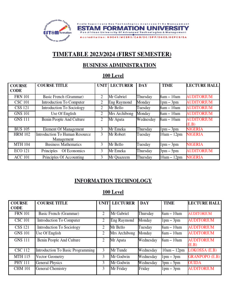 Updated Timetable 2023 2024 First Semester | PDF | Science