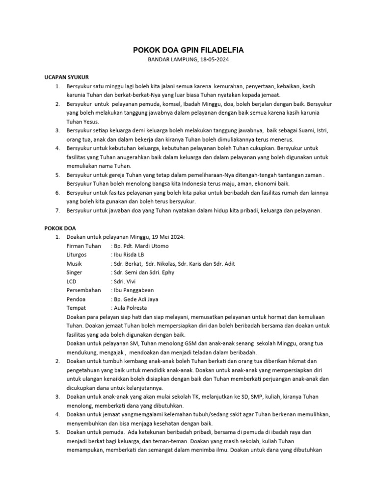 Pokok Doa GPIN Filadelfia Mei 2024 | PDF
