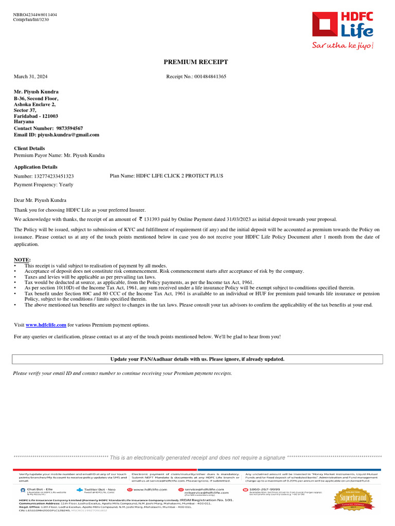 Life Insurance Receipt - Piyush Kundra | PDF | Life Insurance | Insurance