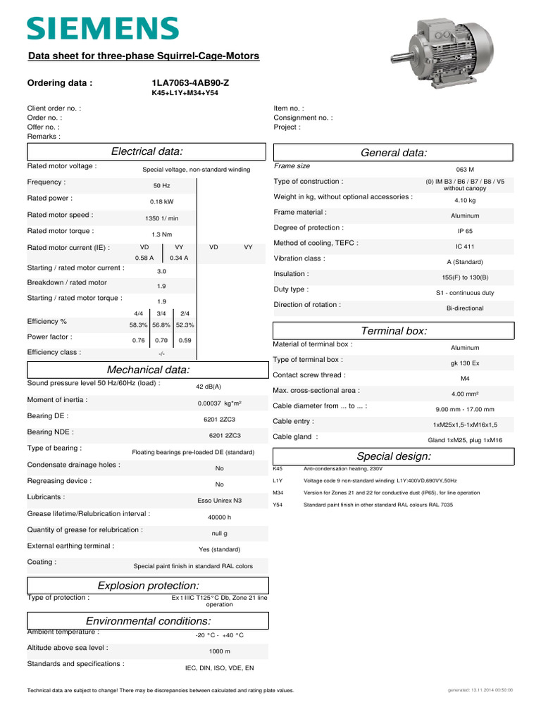 1LA7063-4AB90-Z K45+L1Y+M34+Y54 Datasheet en | PDF | Manufactured Goods | Physical Quantities
