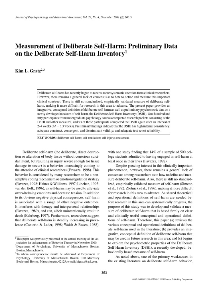 Gratz 2001 Deliberate Self Harm | PDF | Self Harm | Behavioural Sciences