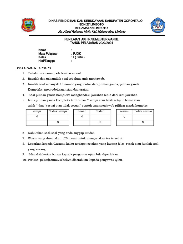 Soal Pas Kls 1 Ganjil 22 | PDF