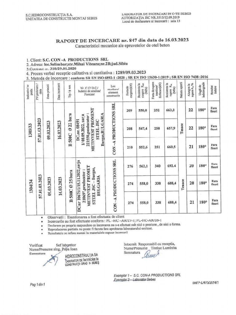 Rapoarte de Incercare Otel | PDF