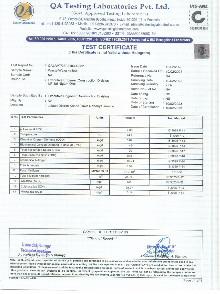 Waste Water Test Report Inlet | PDF