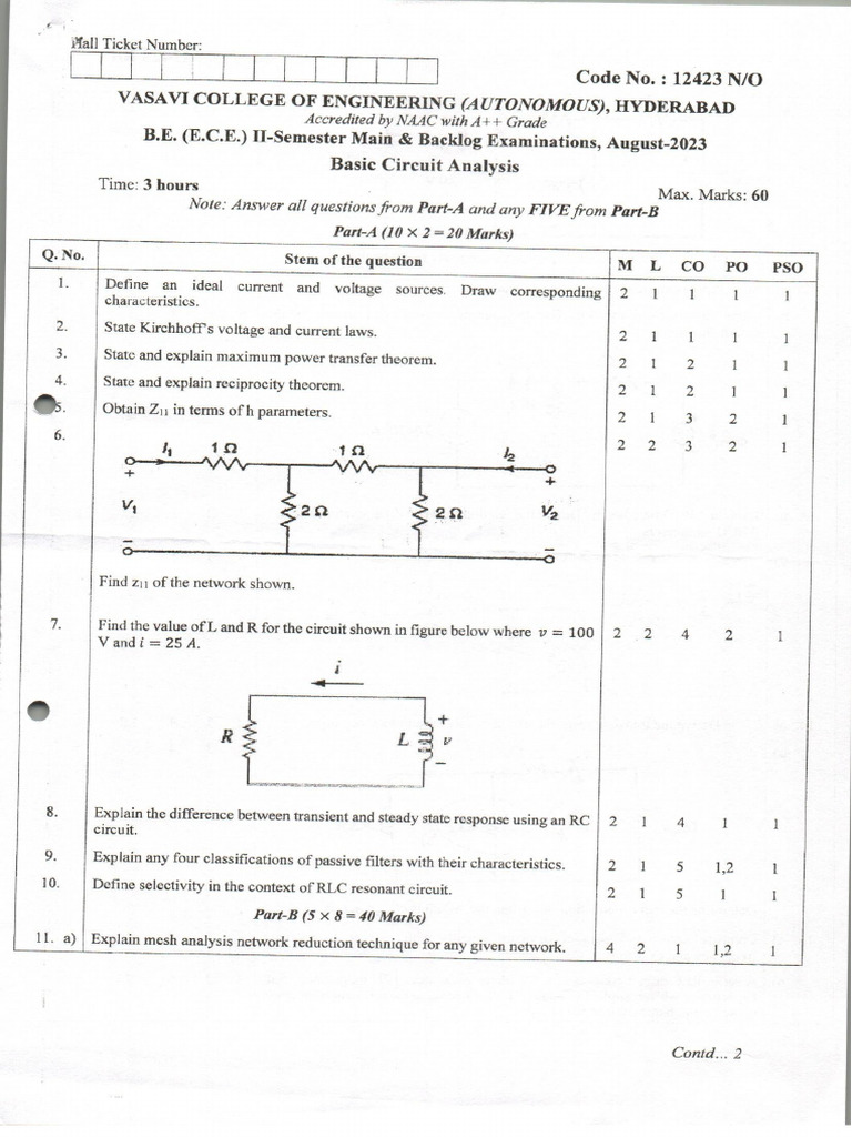 Basic Circuit Analysis, ECE, II Sem, Aug 2023 | PDF Basic Circuit Analysis, ECE, II Sem, Aug 2023 | PDF