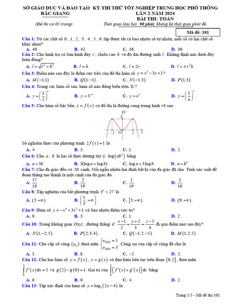 De Thi Thu Tot Nghiep Thpt Lan 2 Nam 2024 Mon Toan So Gddt Bac Giang | PDF