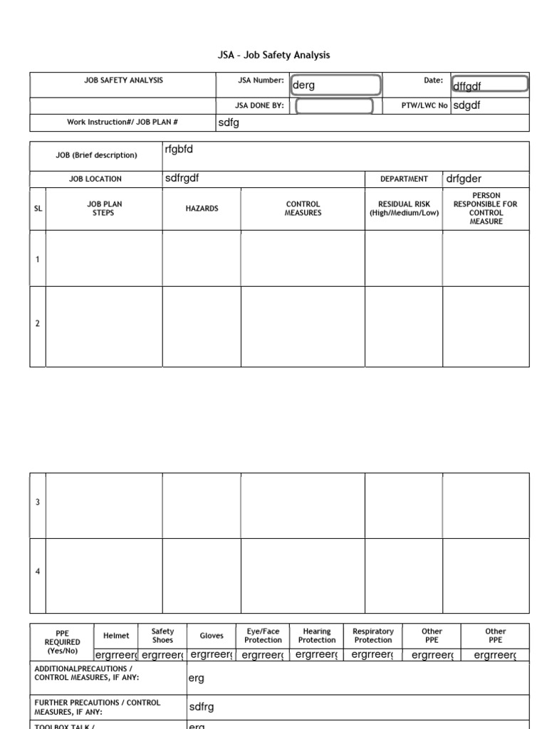 JSA Format Form | Download Free PDF | Personal Protective Equipment | Risk