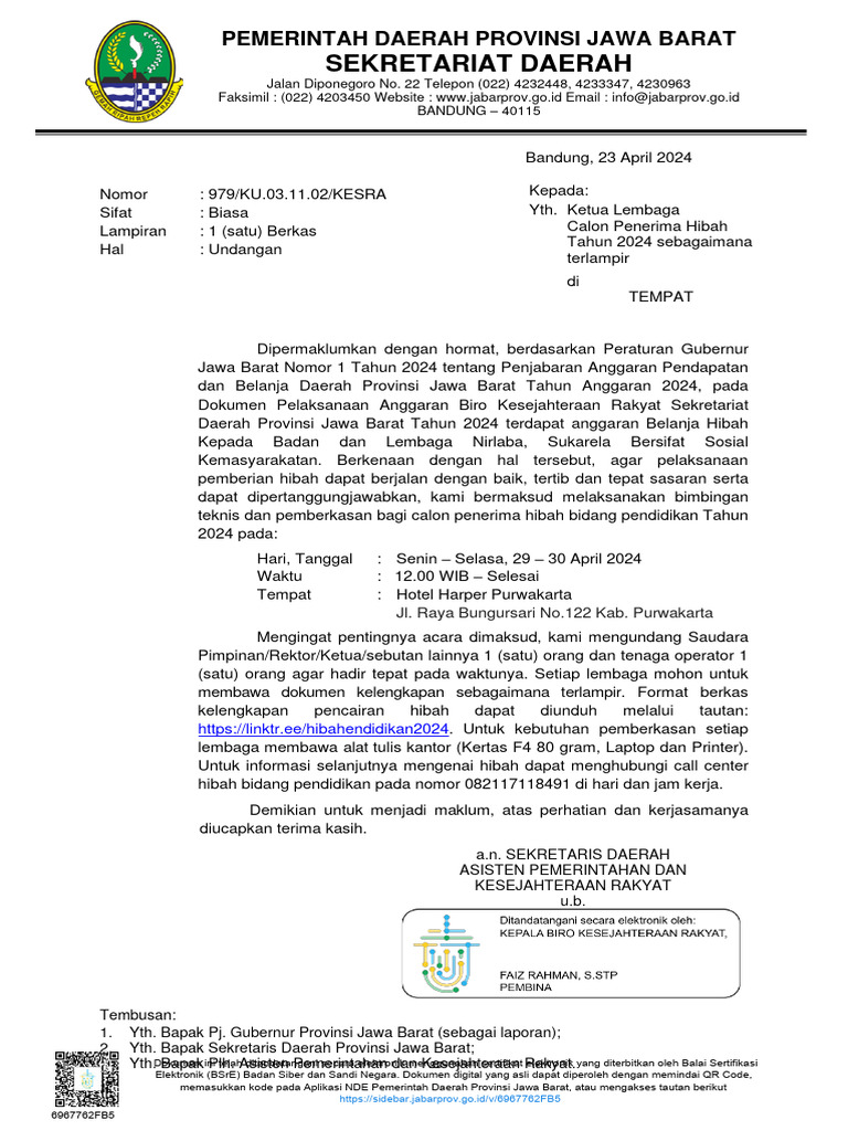 SURAT UNDANGAN BIMTEK HIBAH PENDIDIKAN TAHUN 2024 29 - 30 April 2024 ...