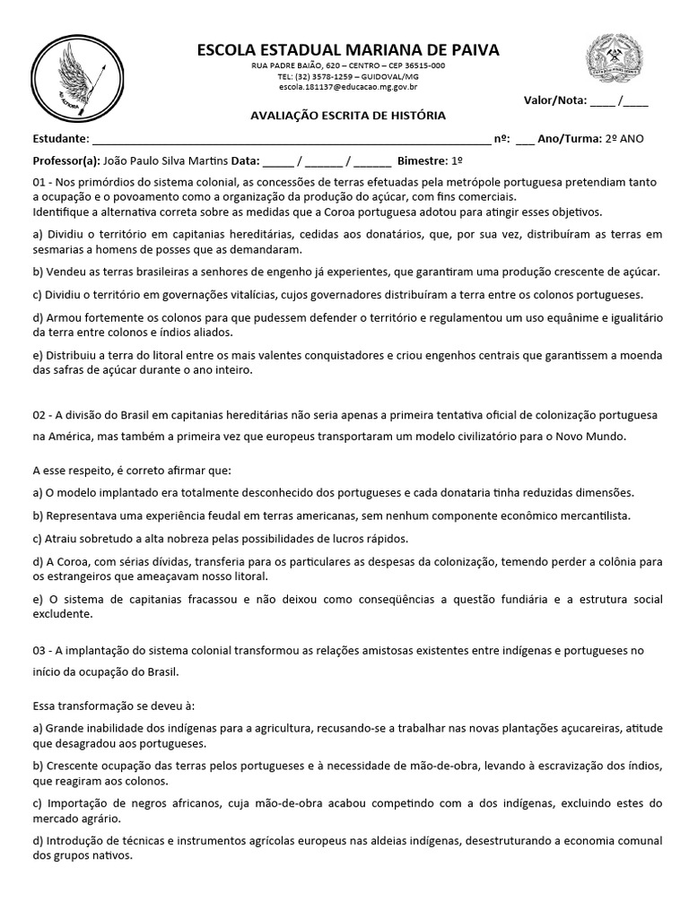 Avaliação De História 1º Bimestre 1º Ano Ensino Médio Pdf