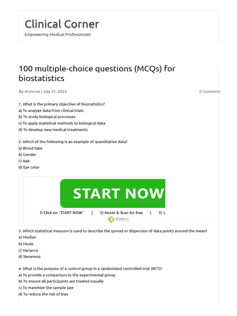 100 Multiple-Choice Questions (MCQS) For Biostatistics - Clinical Corner | PDF | Statistics ...