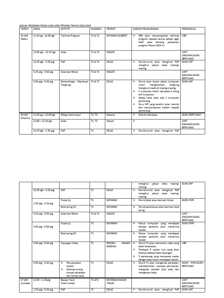Jadual Program Pasca Uasa | PDF