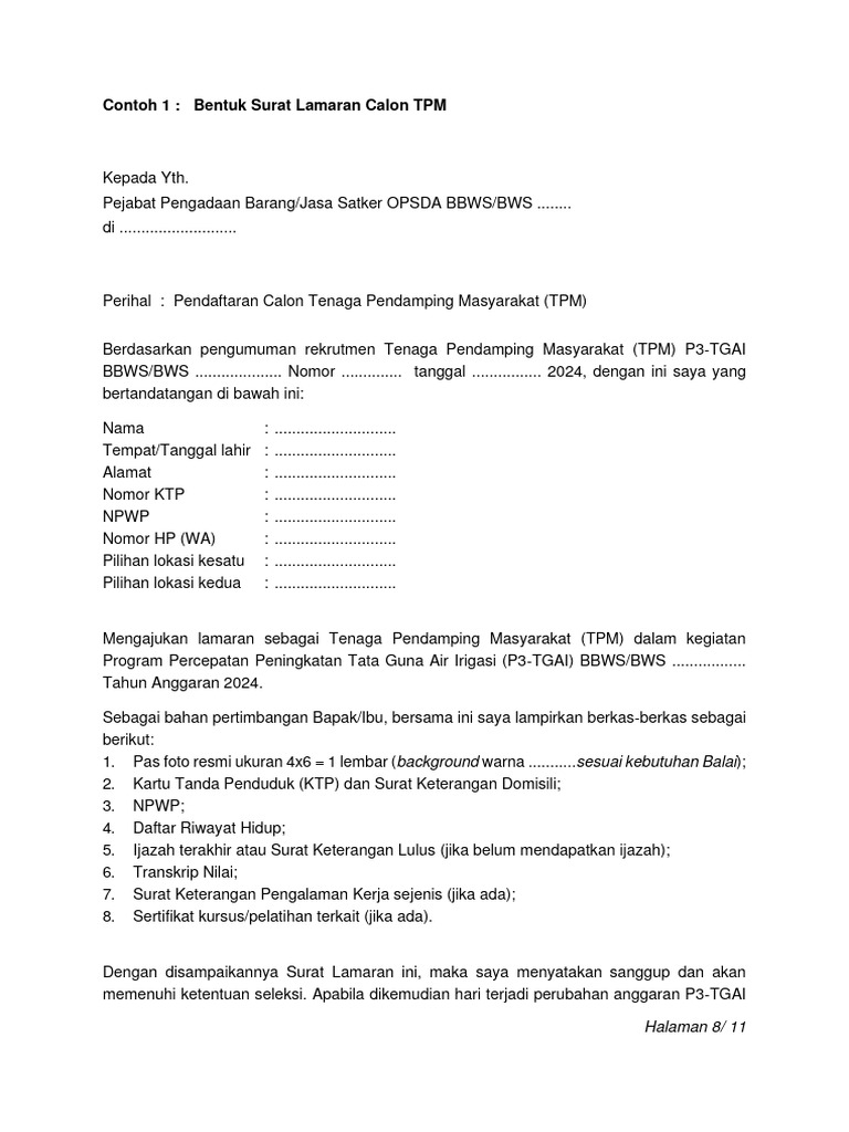 CONTOH SURAT LAMARAN TPM, DRH, Dan SURAT PERNYATAAN TPM | PDF