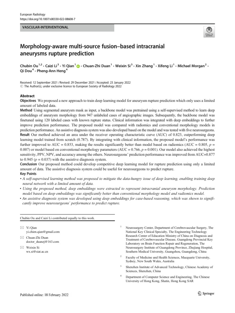 Morphology-Aware Multi Source Fusion Based Intracranial Aneurysms Rupture Prediction-Online ...