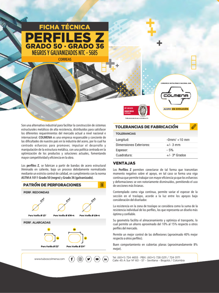 Perfiles Z 36 Ficha Tecnica Tubos Colmena | PDF | Acero estructural