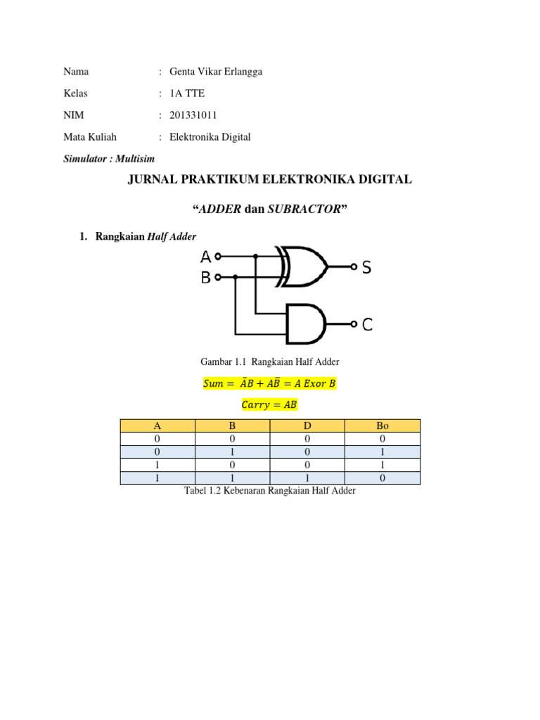 Genta Vikar Erlangga - Jurnal Adder Dan Subtractor | PDF | Digital Electronics | Electronic Circuits