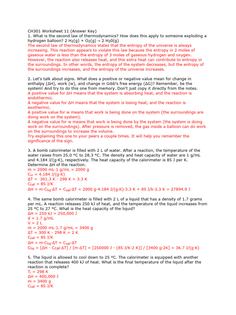 Second Law of Thermodynamics Answer Key | PDF | Gibbs Free Energy | Entropy