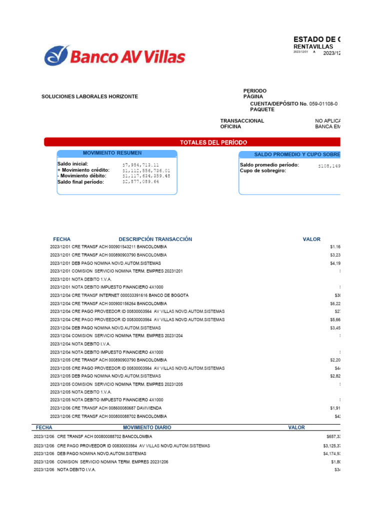 Extracto Diciembre Av Villas | PDF | Tarjeta de débito | Impuesto al ...