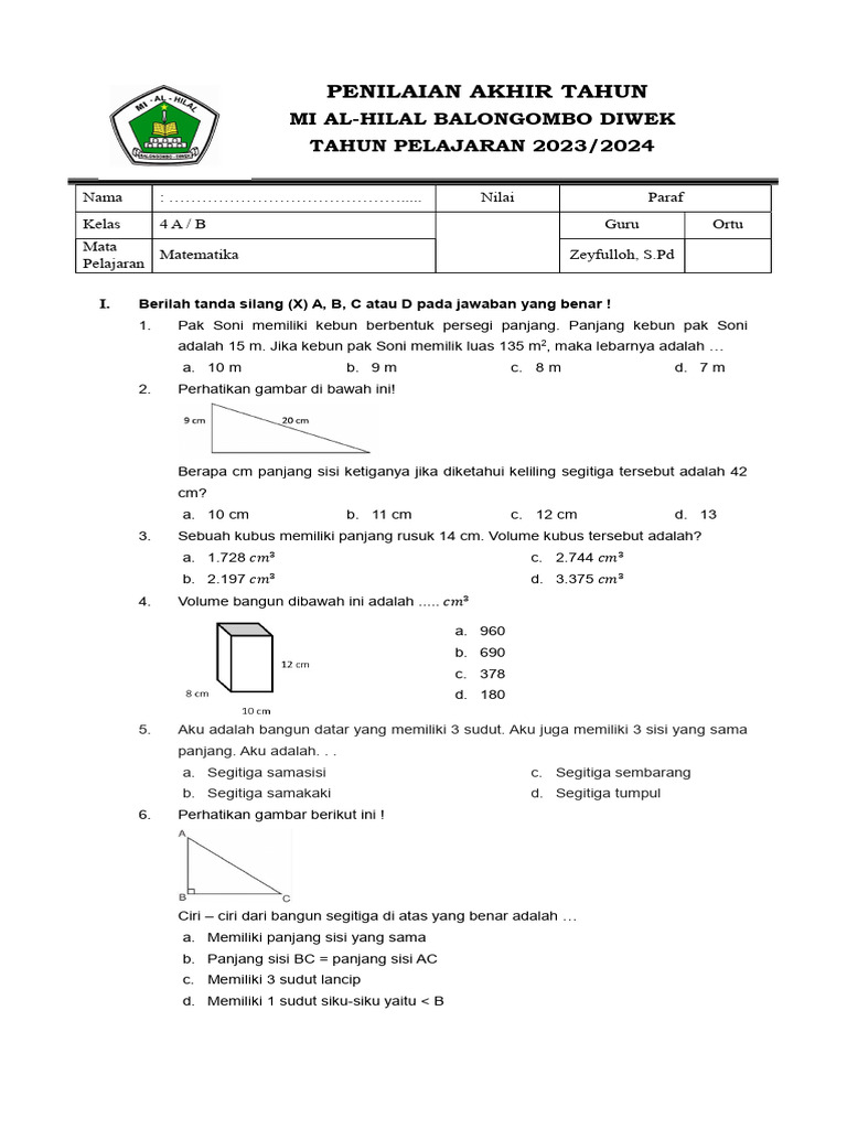 Soal SAT Matematika Kelas 4 Edit. | PDF